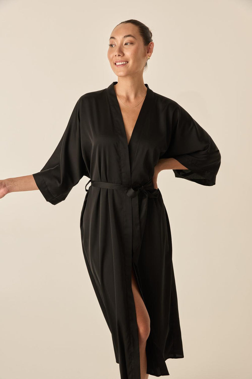 Gingerlilly Sleepwear | Bethany Black Silky Satin Robe