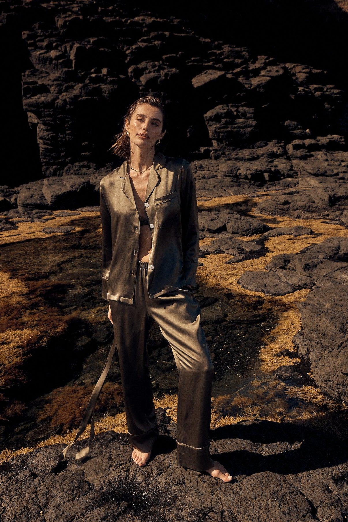 Emerald Olive Pure Silk Long Sleeve Pyjama Set | Gingerlilly Sleepwear