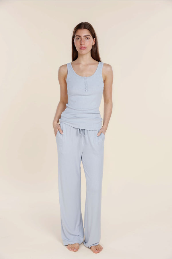 Liberty Pale Blue Ribbed Singlet Henley Top | Women’s Sleeveless Lounge ...