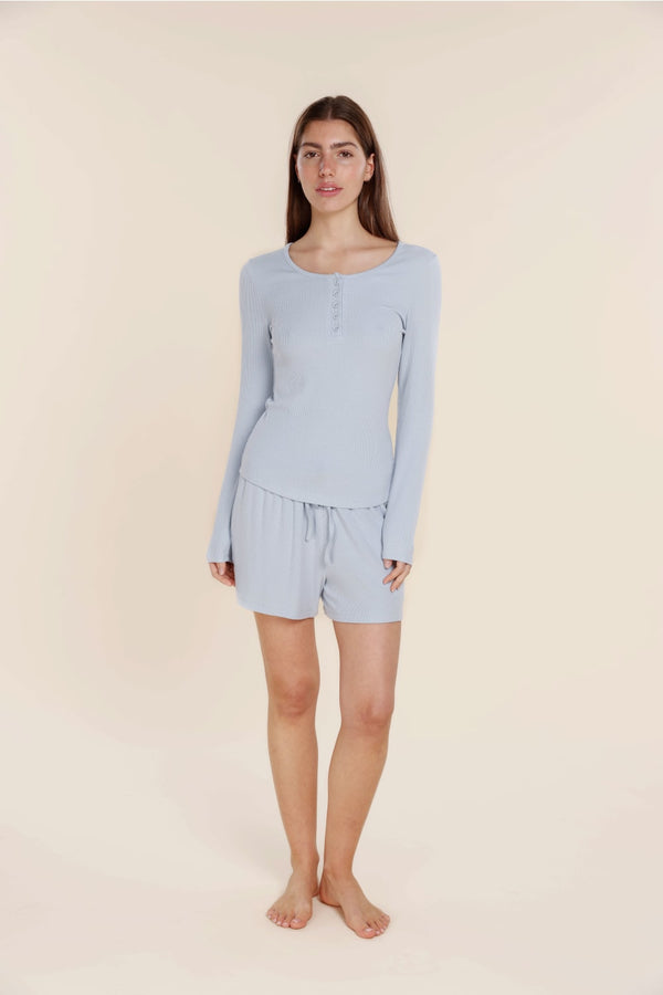 Lille Pale Blue Ribbed Long Sleeve Henley Top | Women’s Lounge ...