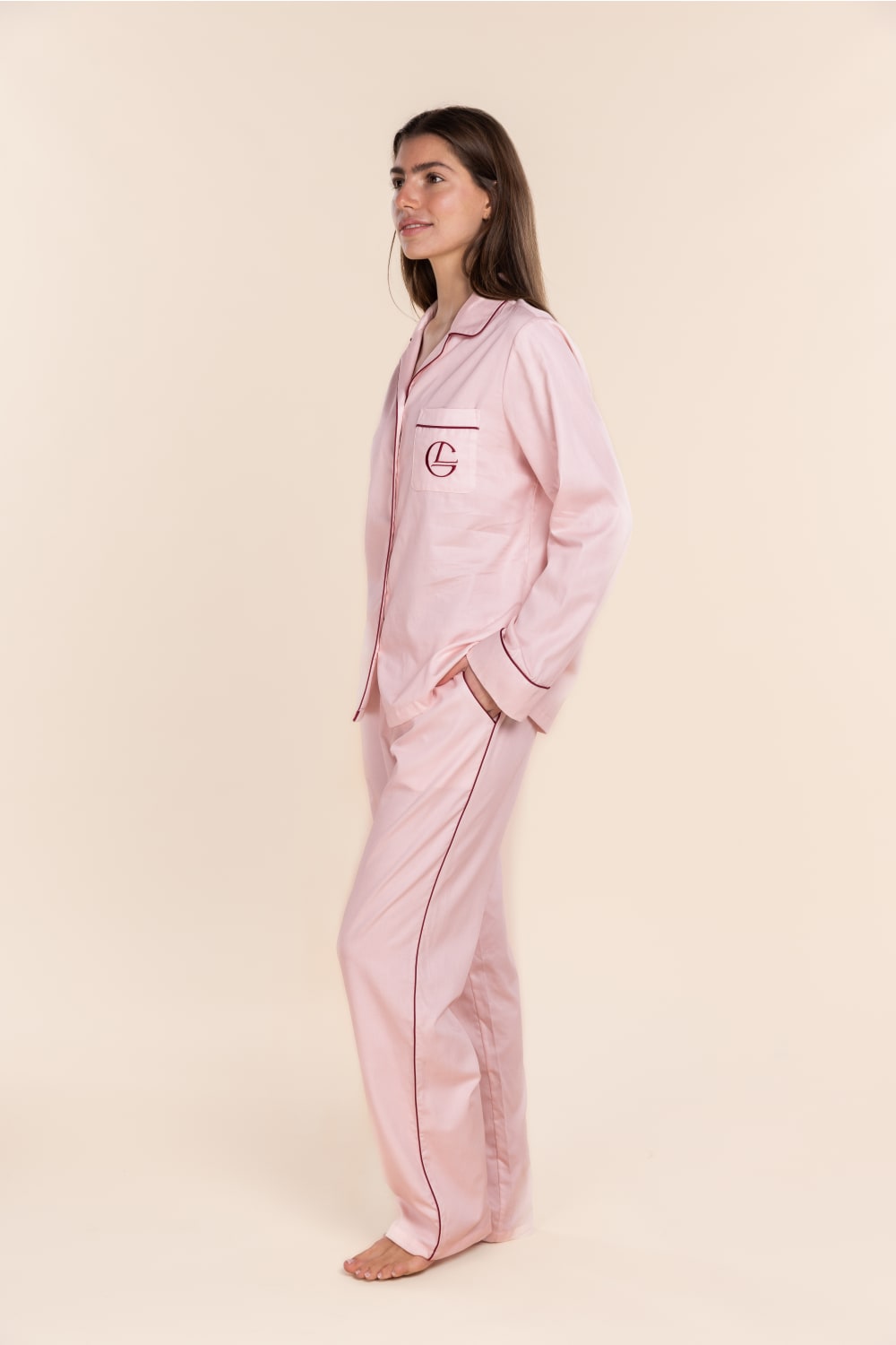 Susanna Pink Long Pyjama Set with Burgundy Piping | Bec Judd Family ...